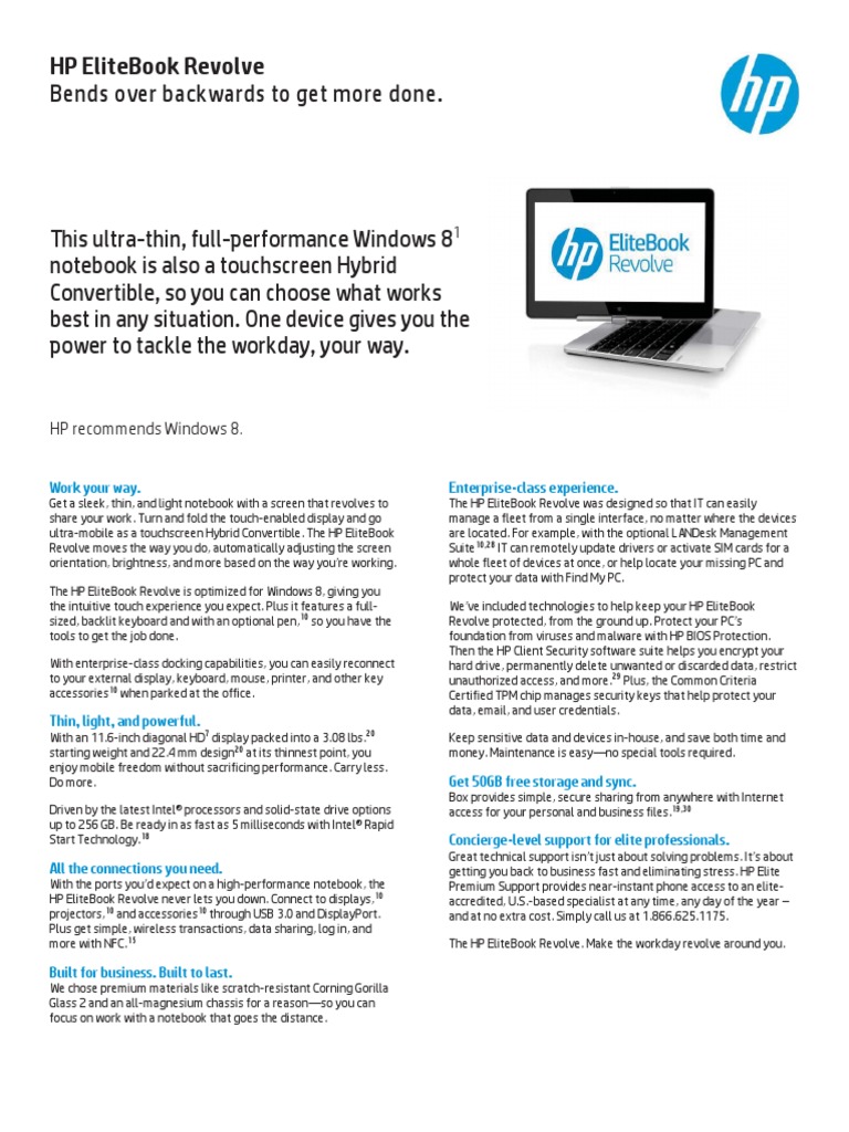 HP Elitebook Revolve Data Sheet | PDF | Windows 8 | 64 Bit Computing