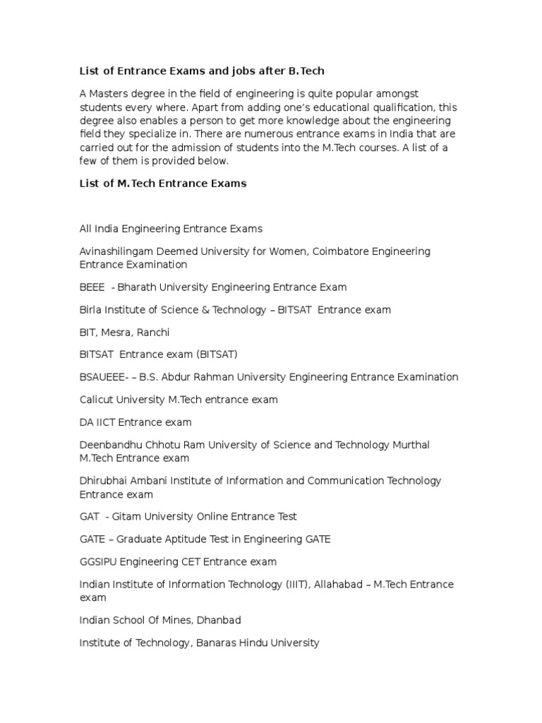 List of Exams After B.tech | PDF | Qualifications | Academia