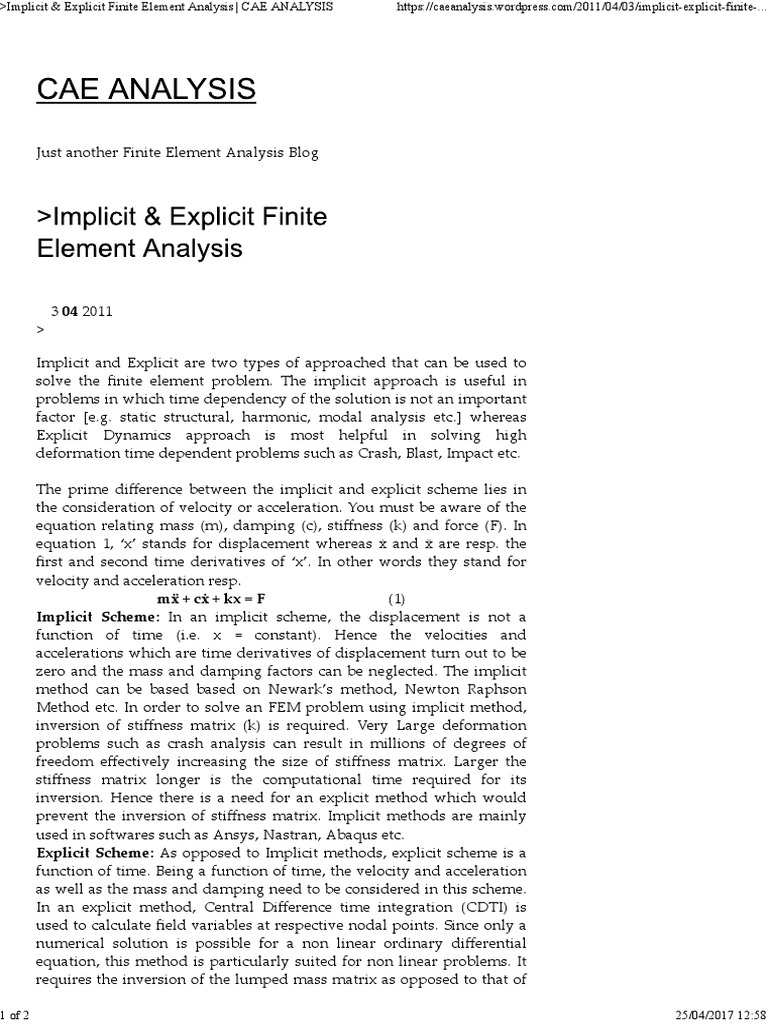 Implicit And Explicit Finite Element Analysis Cae Analysis Pdf Finite Element Method