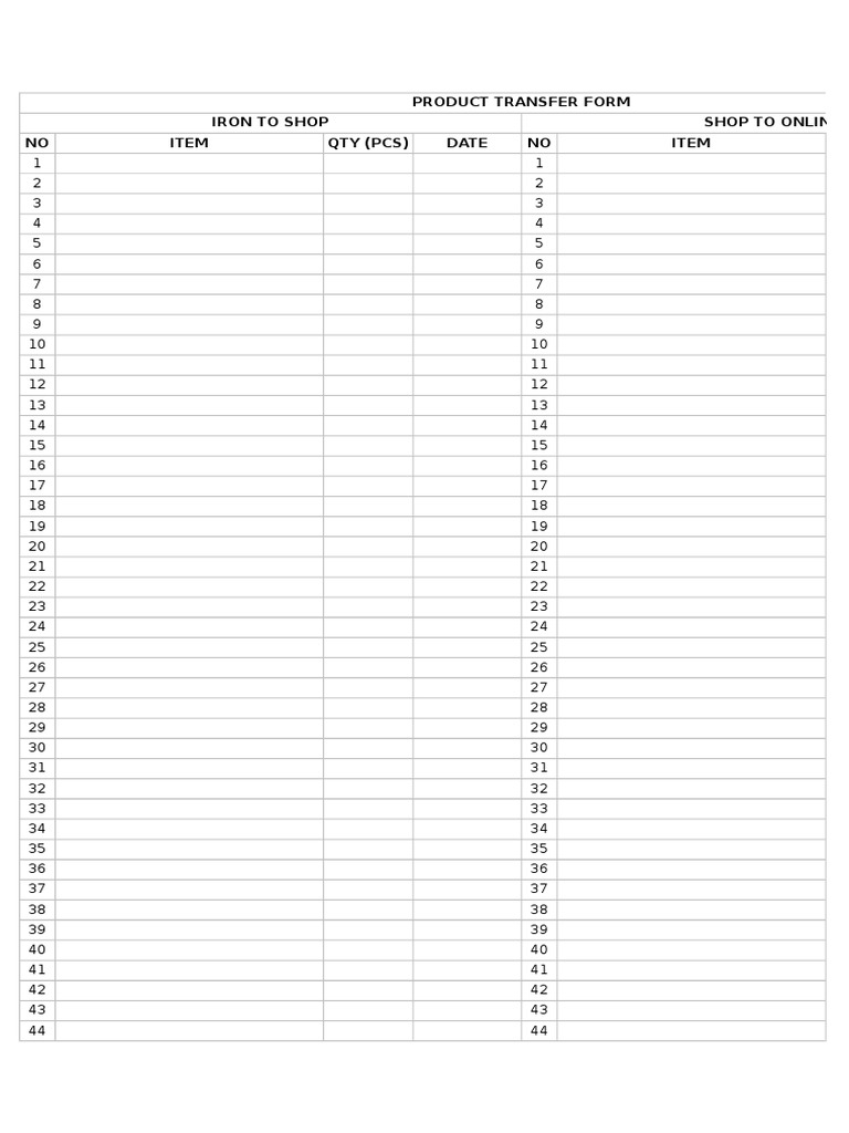 Product Transfer Form Iron To Shop Shop To Online NO Item Qty (PCS ...