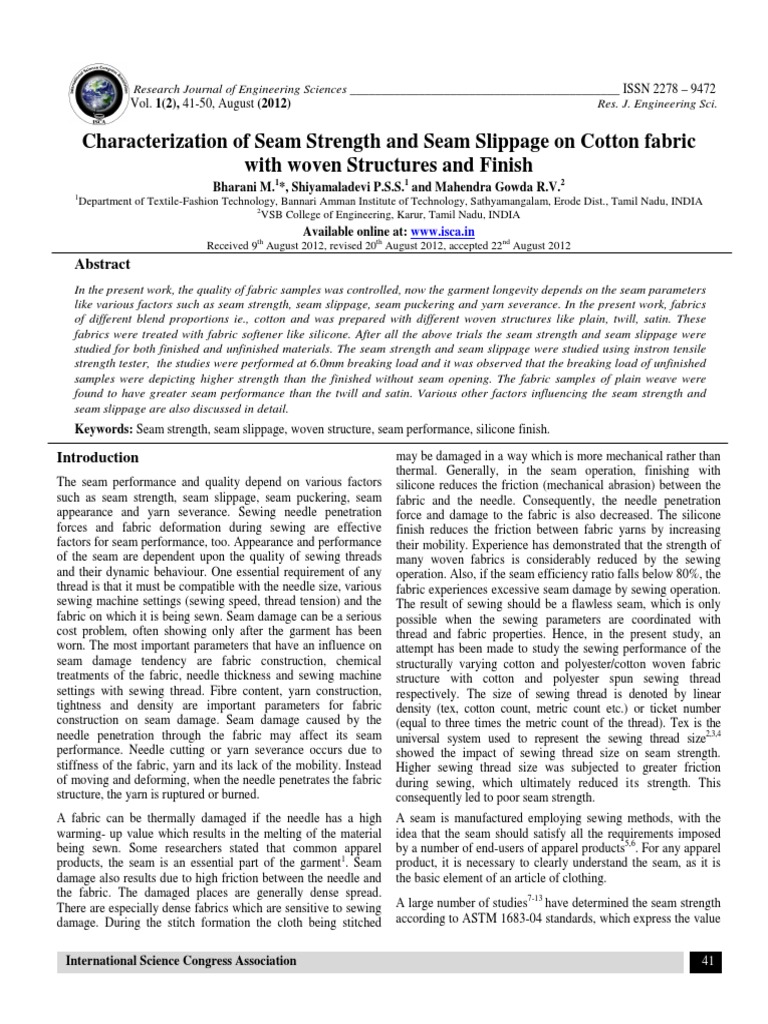 Characterisation of Seam Strength & Seam Slippage On Cotton Fabric ...