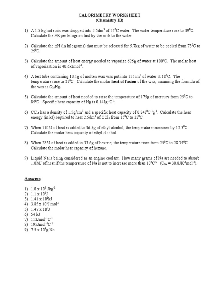 Calorimetry Worksheet | PDF | Technology & Engineering