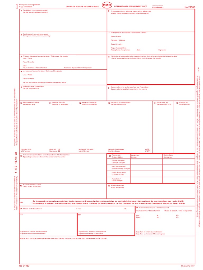 Formular CMR International | Transport de marchandises | Droit des ...