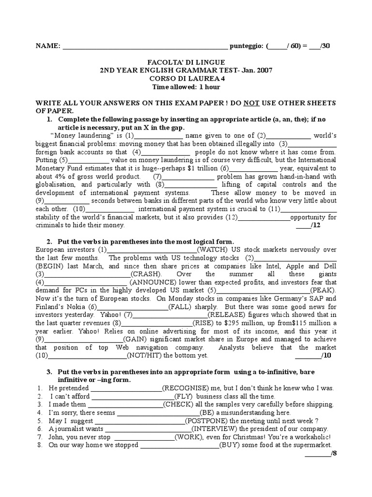 B2 Grammar Test 1 | PDF | Payment System | Money