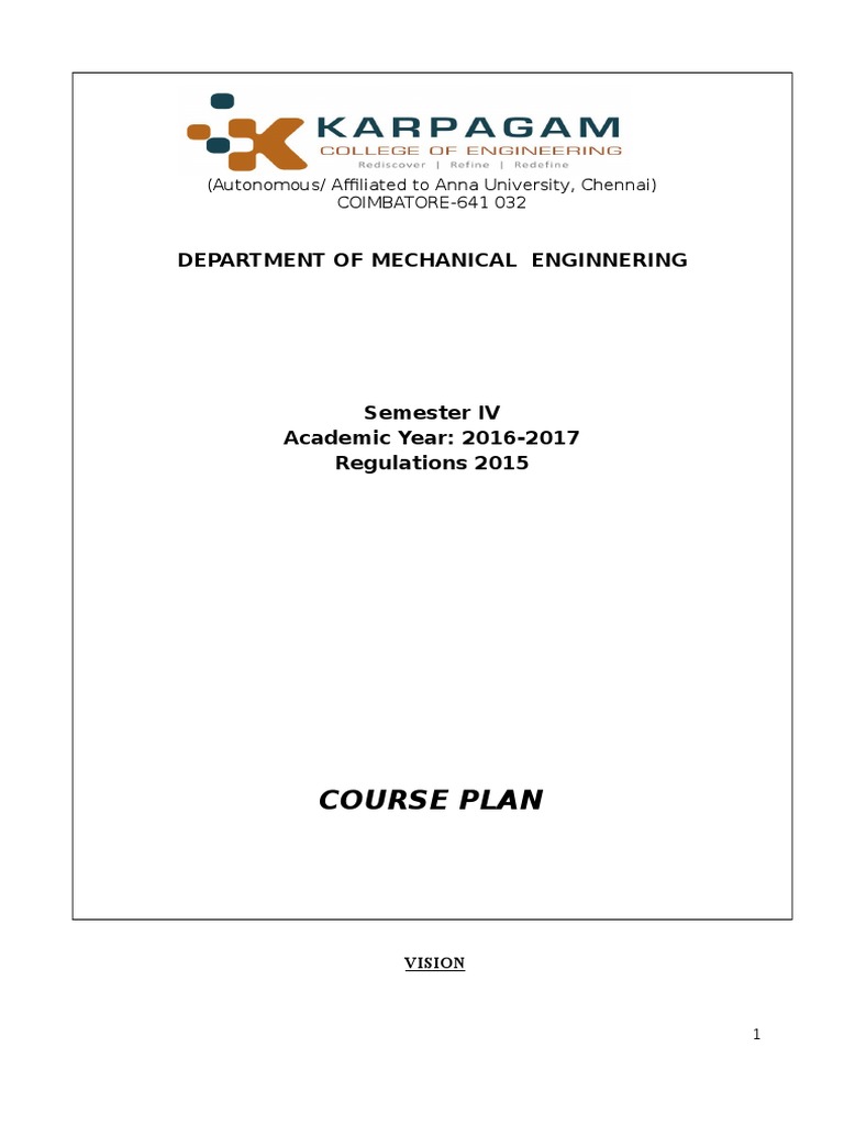 Course Plan: Department of Mechanical Enginnering | PDF | Stress ...