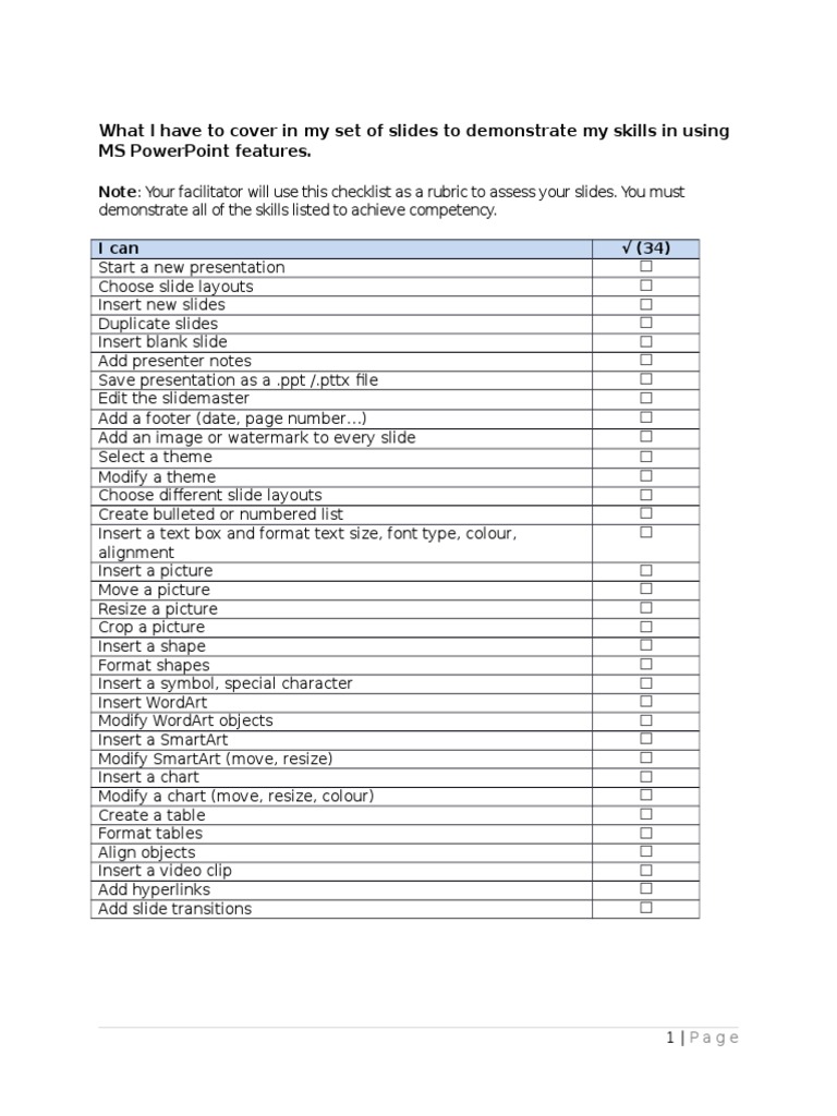 PowerPoint Skills Checklist | PDF | Microsoft Power Point | Office Suites