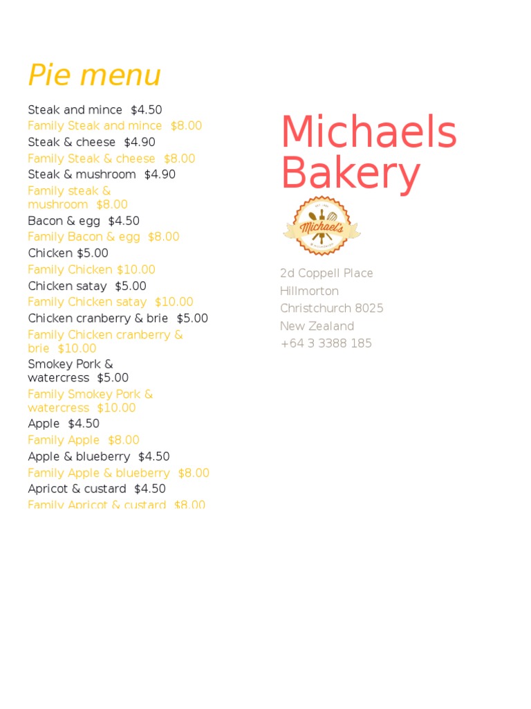 Michaels Bakery: Pie Menu | PDF | Steak | Desserts