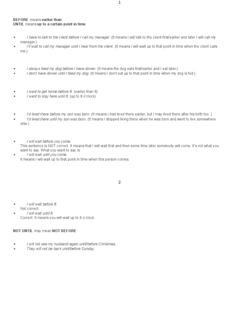 BEFORE Means Earlier Than UNTIL Means Up To A Certain Point in Time | PDF