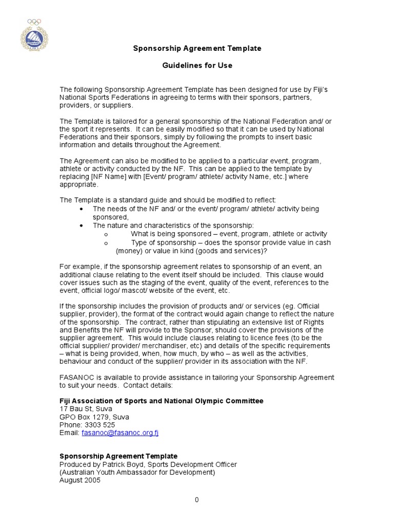 Template Sponsorship Agreement | PDF | Sponsor (Commercial) | Indemnity
