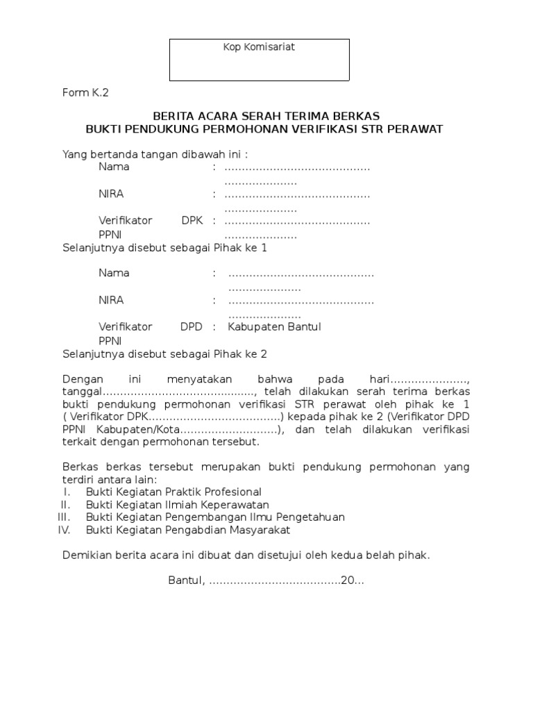 Form K.2 Berita Acara Serah Terima Berkas Usulan SKP Diisi Oleh DPK | PDF