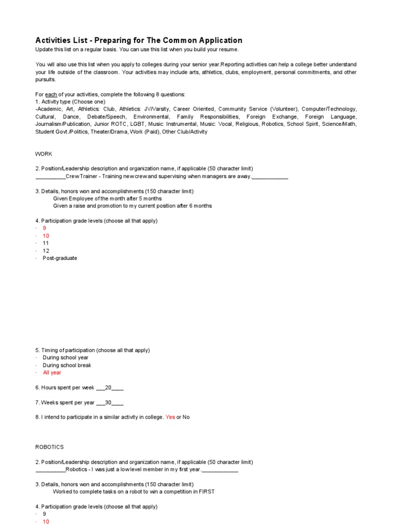 Common App Activities List Guide | PDF