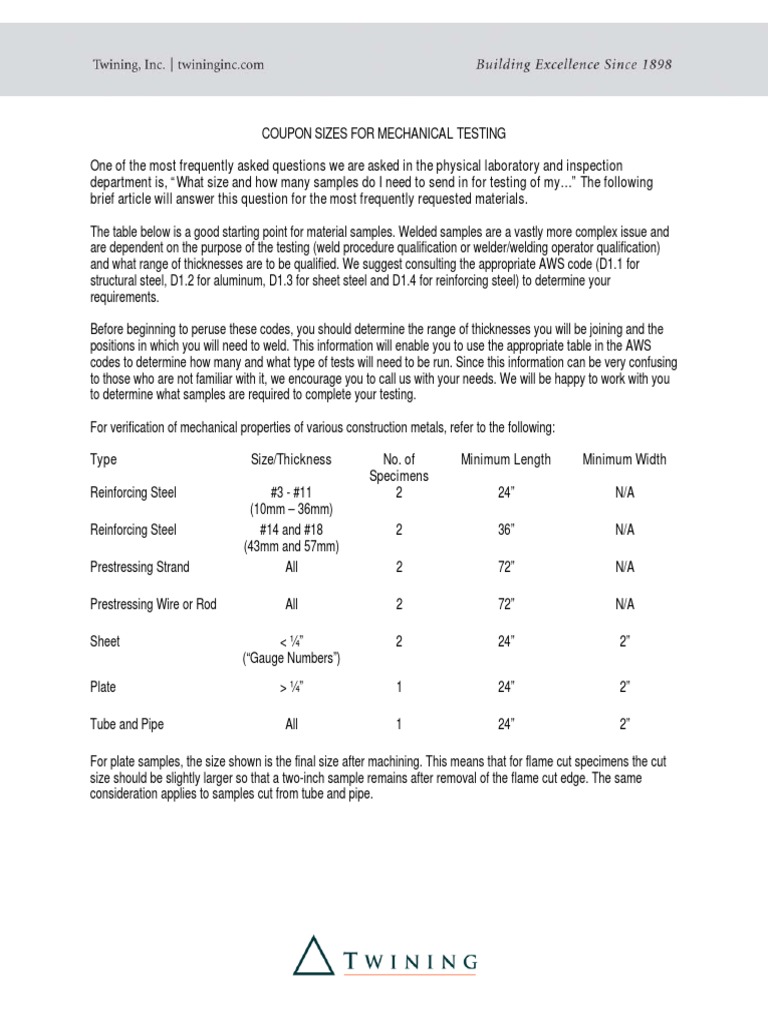 Coupon Sizes for Mechanical Testing | Welding | Building Materials