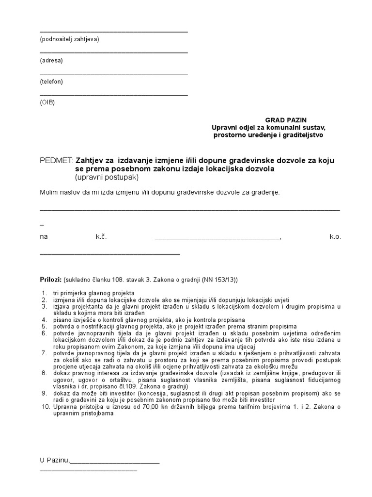 Izmjena I Dopuna Građevinske Dozvole Za Koju Se Izdaje Lokacijska Dozvola | PDF