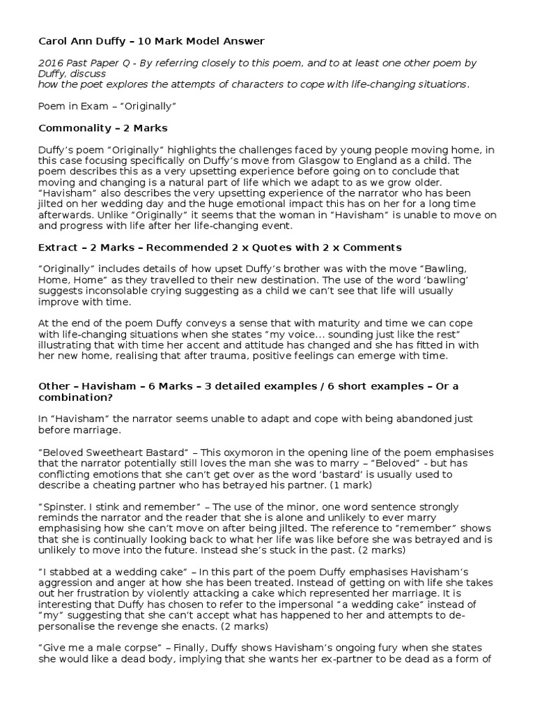 Carol Ann Duffy Model 10 Marks Originally Havisham | PDF | Poetry