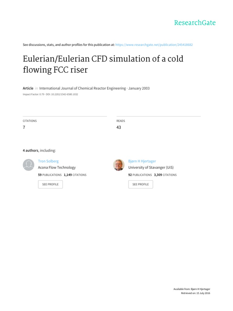 Eulerian/Eulerian CFD Simulation of A Cold Flowing FCC Riser | PDF ...