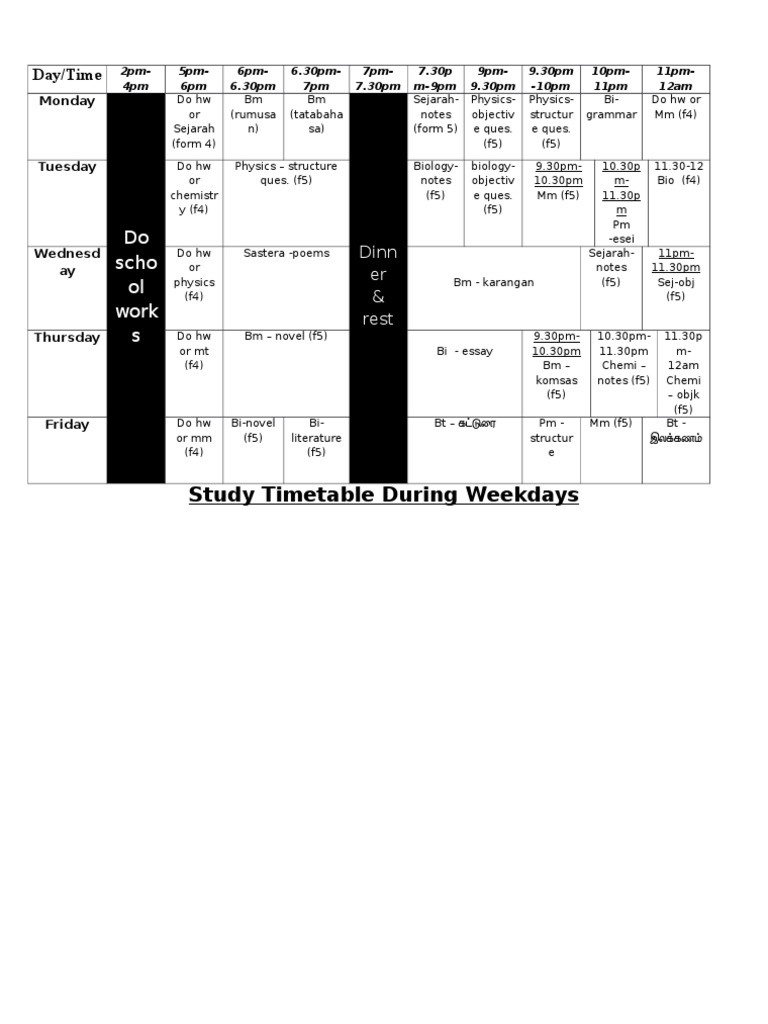 Do Scho Ol Work S: Study Timetable During Weekdays | PDF
