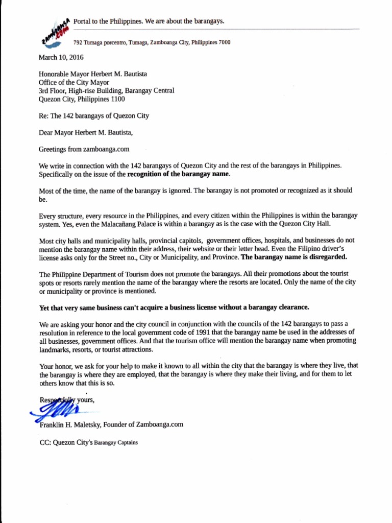 Letter To Mayor Quezon City PDF | PDF