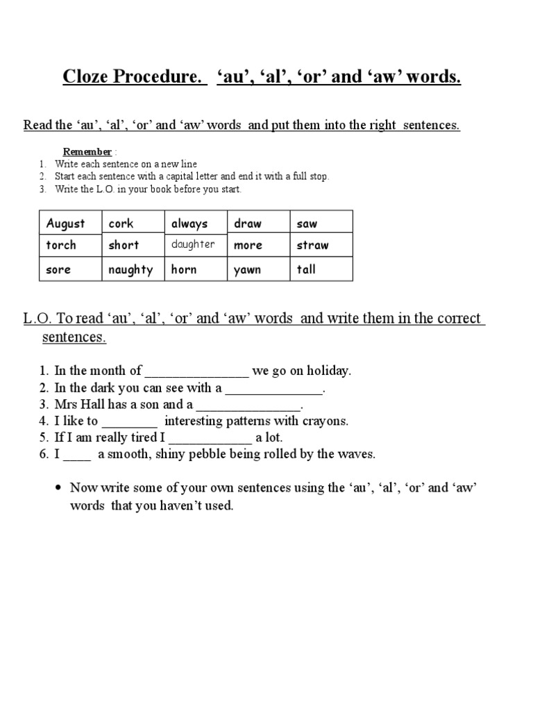 Cloze Activity: ‘au’, ‘al’, ‘or’, ‘aw’ Words | PDF | Further Education
