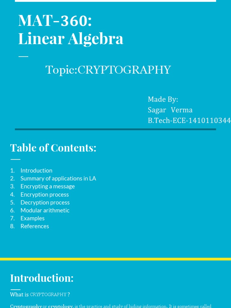 Mat-: Linear Algebra: Topic:Cryptography | PDF | Cipher | Cryptography