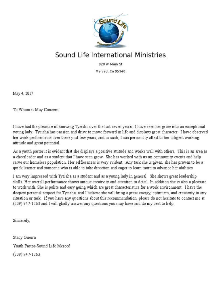 Letter of Recommendation For Tyeisha 2017 | PDF | Cognition | Applied ...