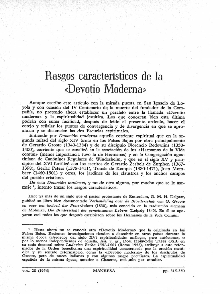 Garcia Villoslada Rasgos Caracteristicos de La Devotio Moderna PDF | PDF