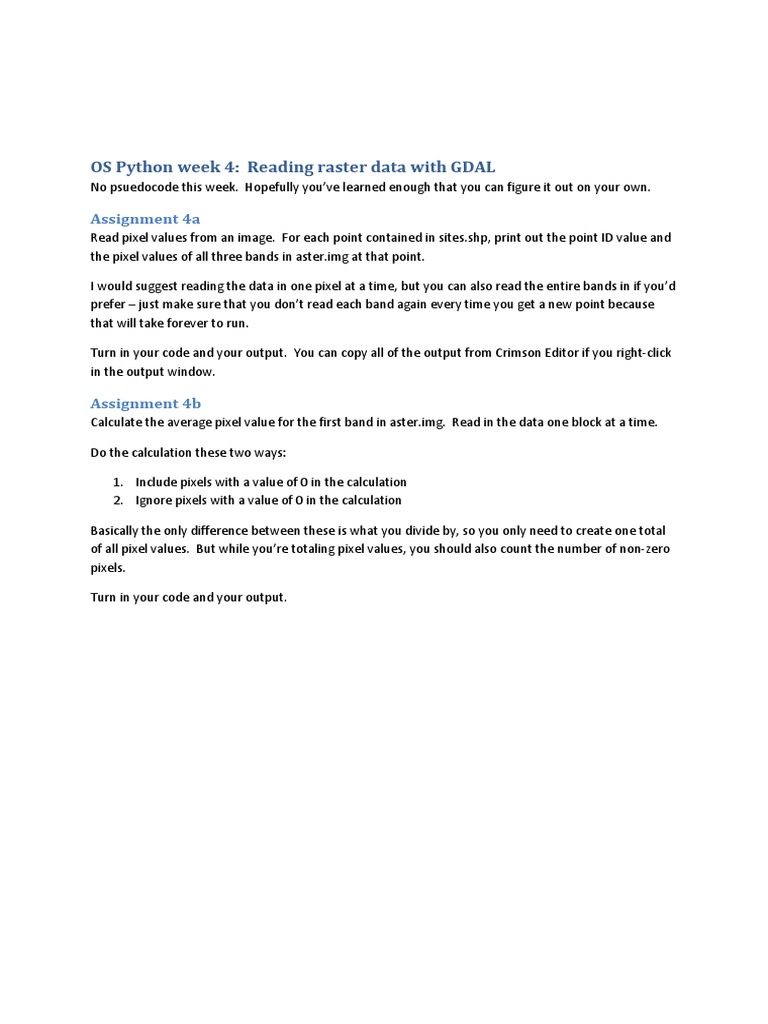 OS Python Week 4: Reading Raster Data With GDAL: Assignment 4a | PDF