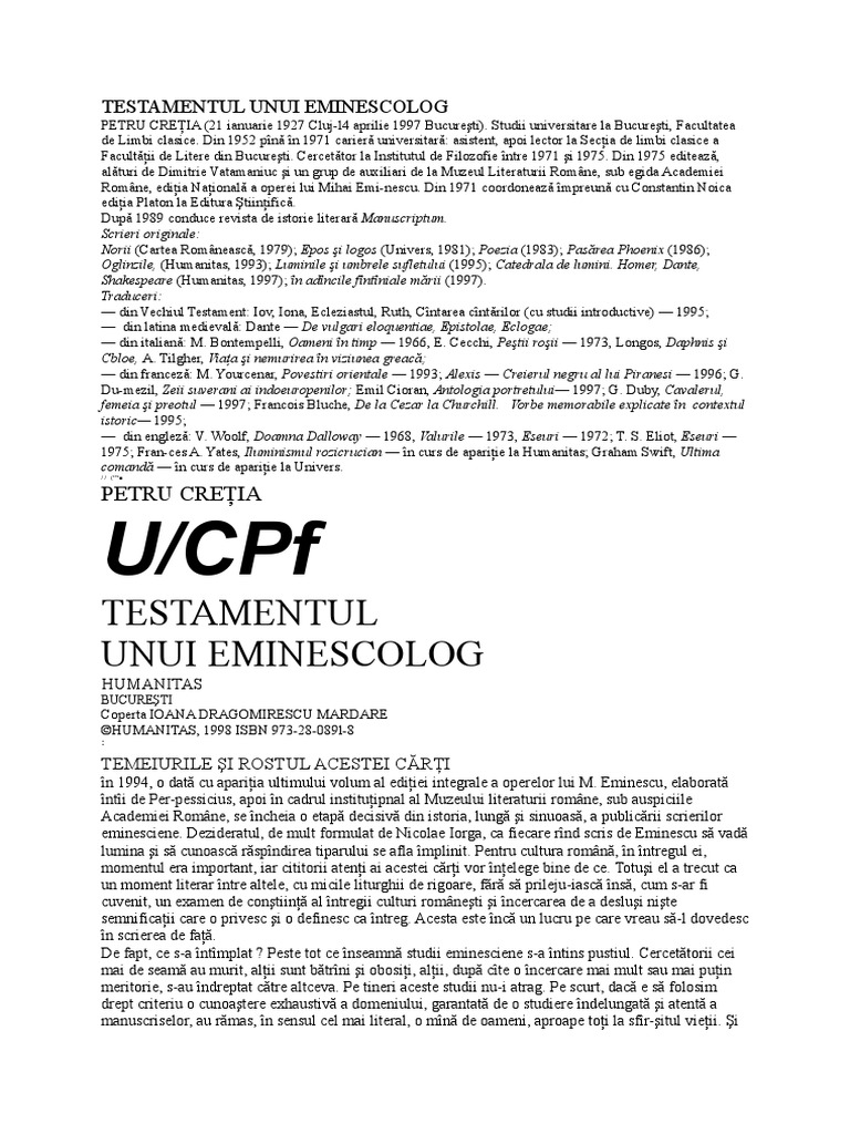 Petru Cretia Testamentul Unui Eminescolog PDF | PDF