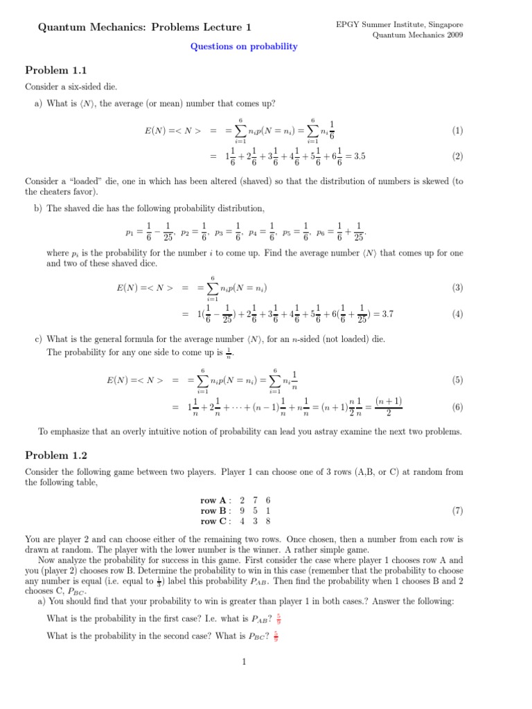 Quantum Mechanics: Problems Lecture 1: Questions On Probability | PDF ...