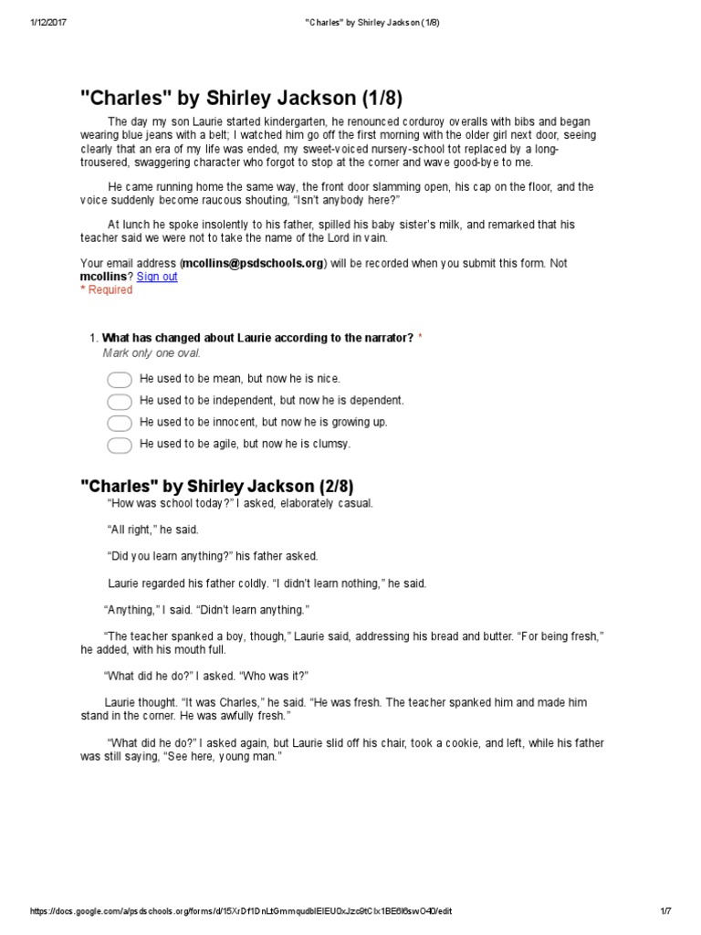 Charles by Shirley Jackson - Google Forms | PDF