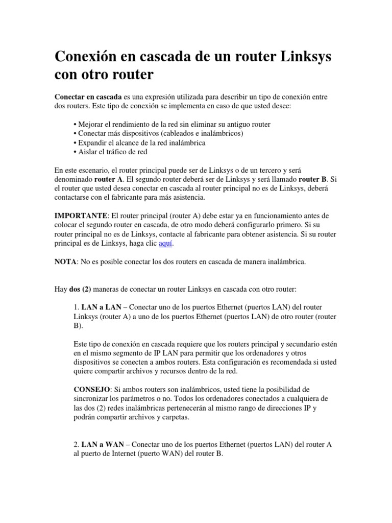 Conexión en Cascada de Un Router Linksys Con Otro Router | PDF ...