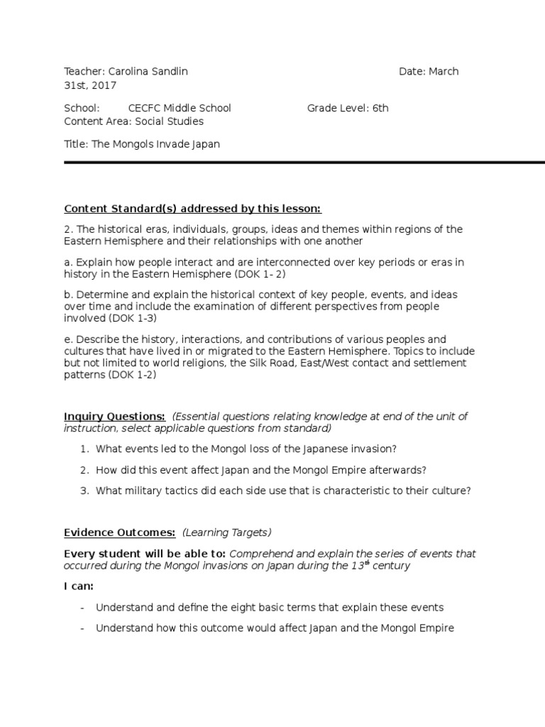 The Mongols Invade Japan - Cep Lesson Plan | PDF | Educational ...