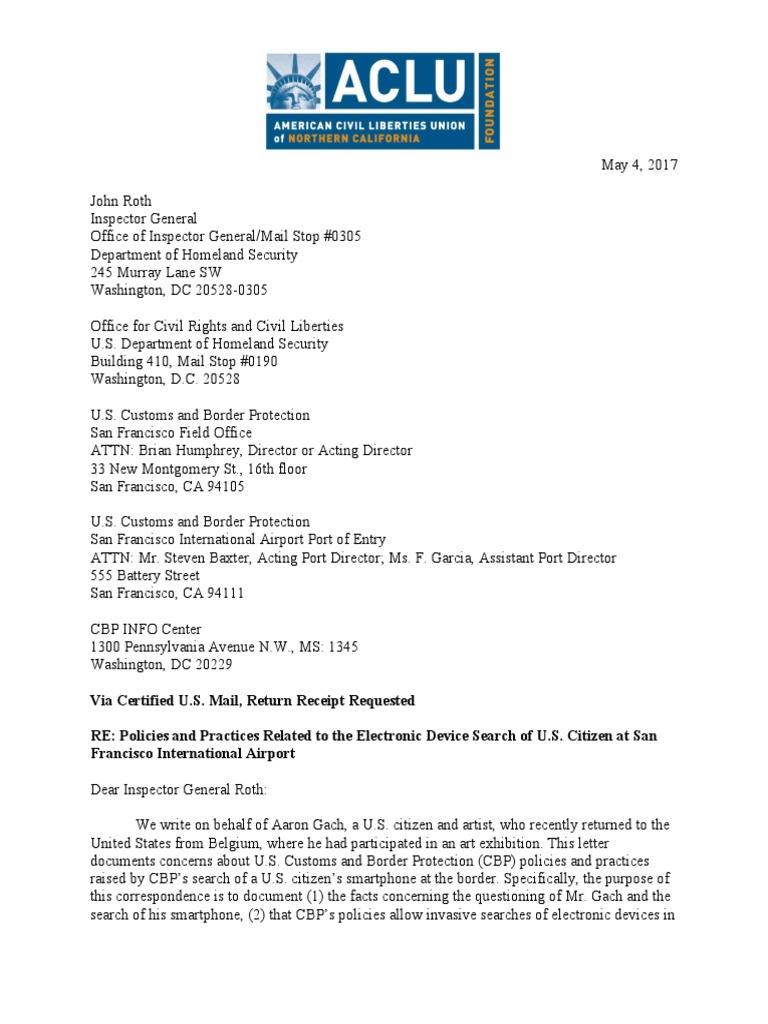 ALCU Aaron Gach Administrative Complaint | PDF | Search And Seizure | U ...