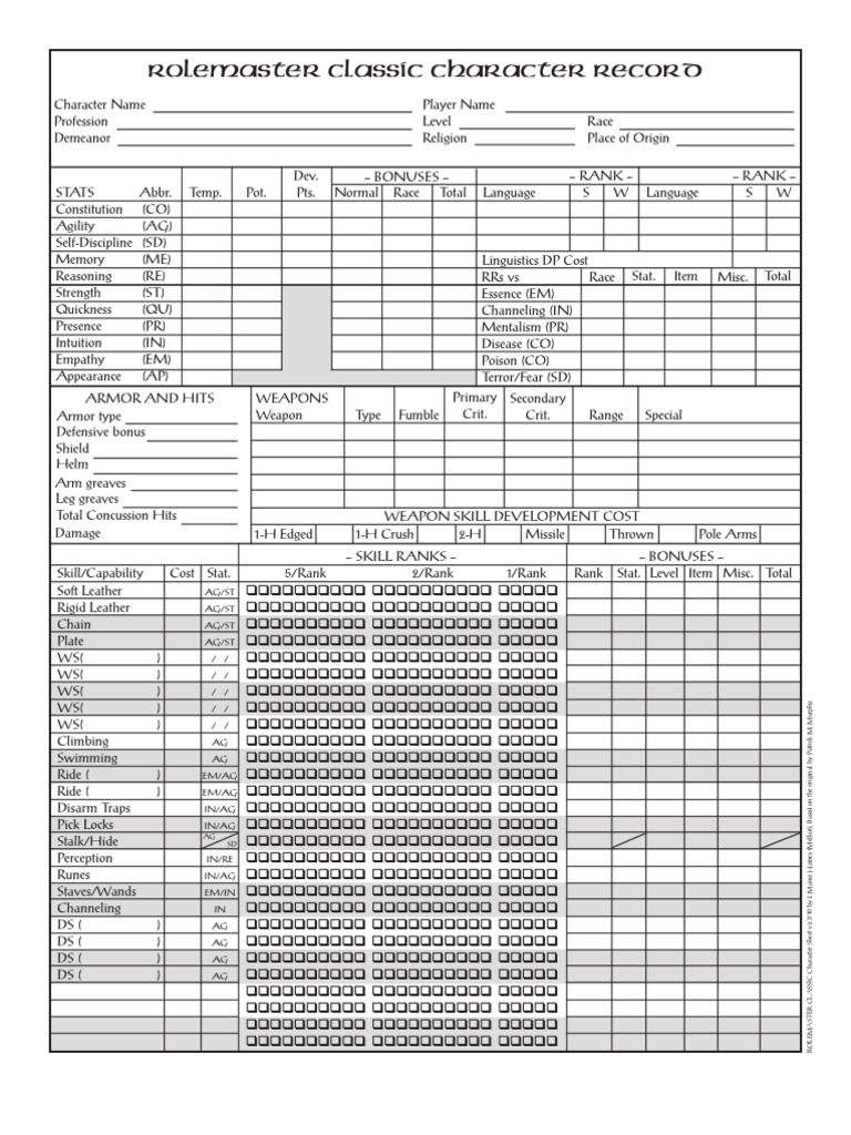 Rolemaster Classic Character Sheet | PDF | Role Playing Games | Leisure