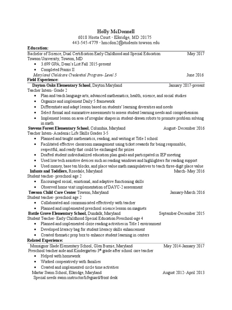 Holly Mcdonnell Resume | PDF | Preschool | Teachers