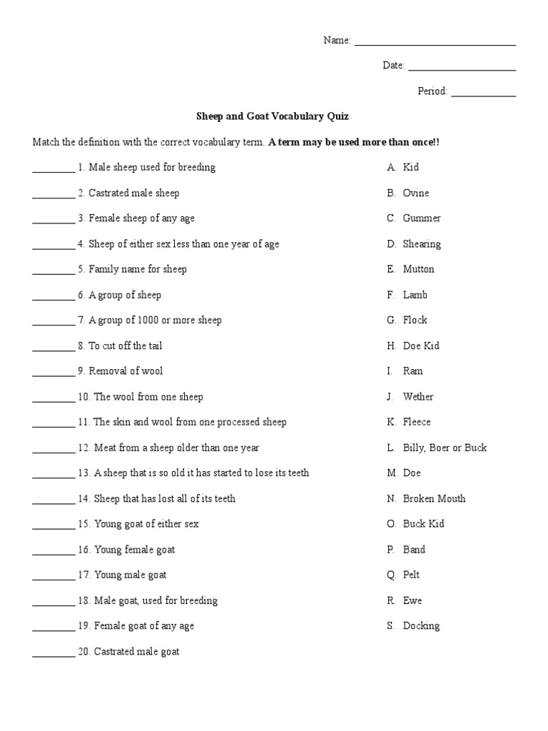 Sheep and Goat Vocab Quiz | PDF