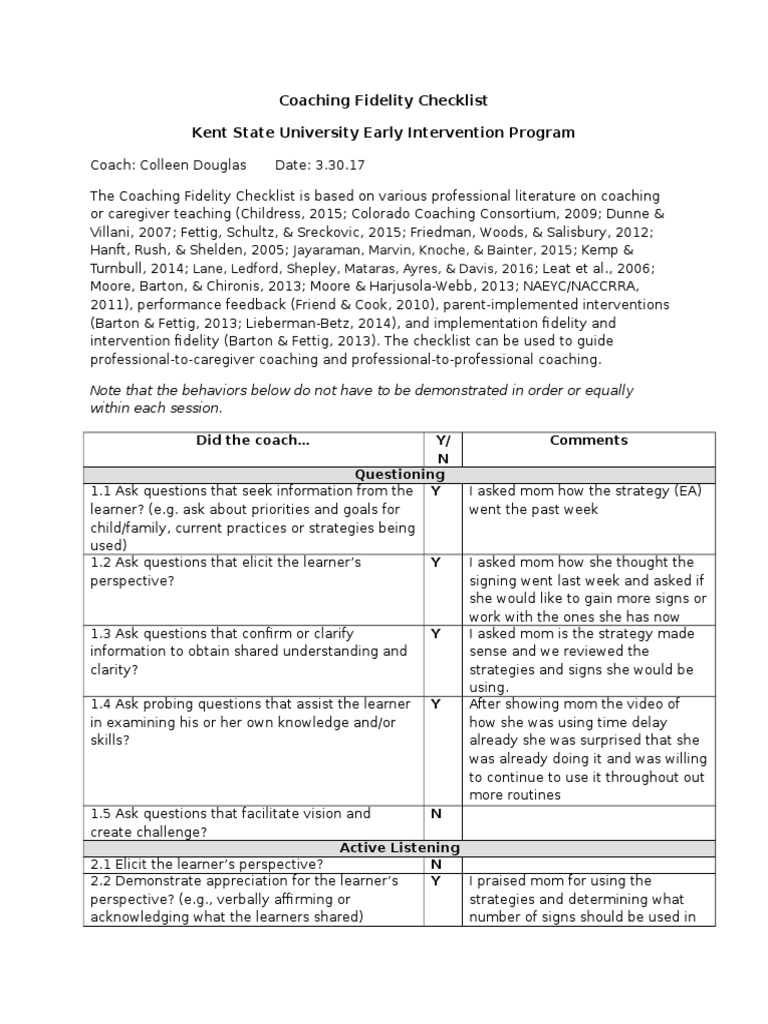Coaching Fidelity Checklist Kent State University Early Intervention ...