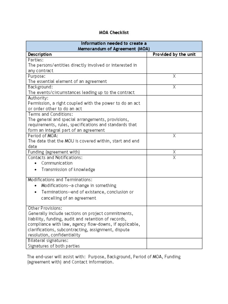 MOA Checklist for Agreement Preparation | PDF