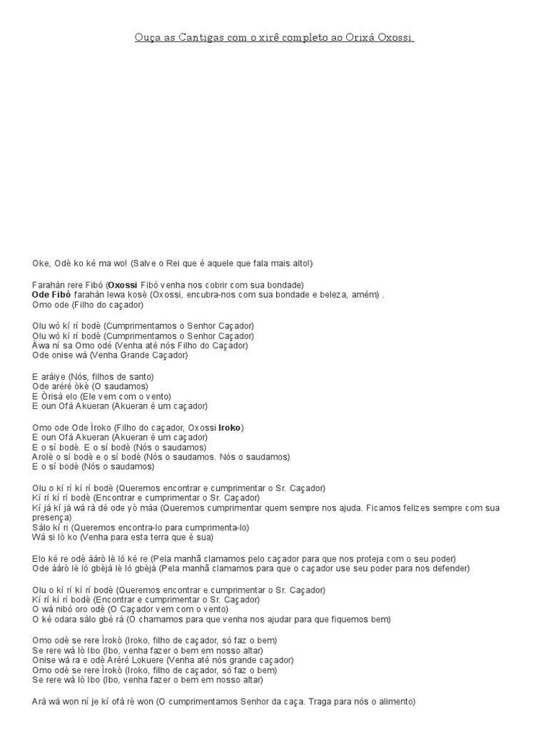 Oxossi e Cantigas Com Traduções - Juntos No Candomblé | PDF ...