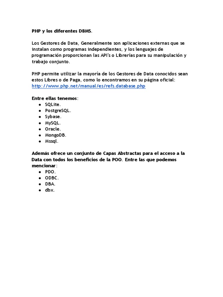 PHP y Los Diferentes Dbms | PDF | SQL | Bases de datos
