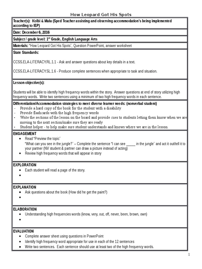 How Leopard Got His Spots-Lesson Plan | PDF