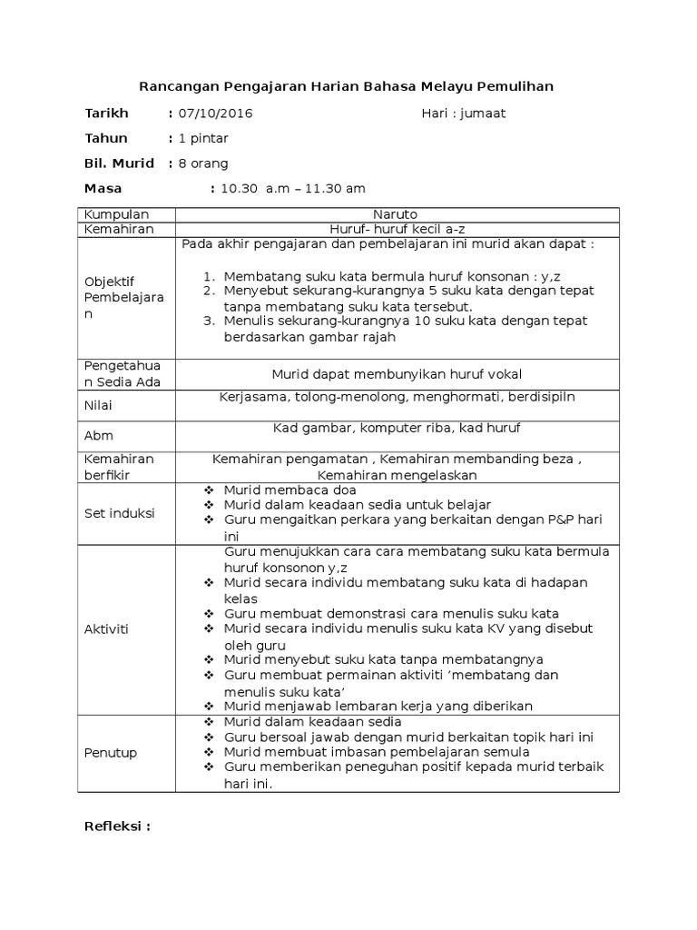 RPH Bahasa Melayu Pemulihan (Ringkasan) | PDF