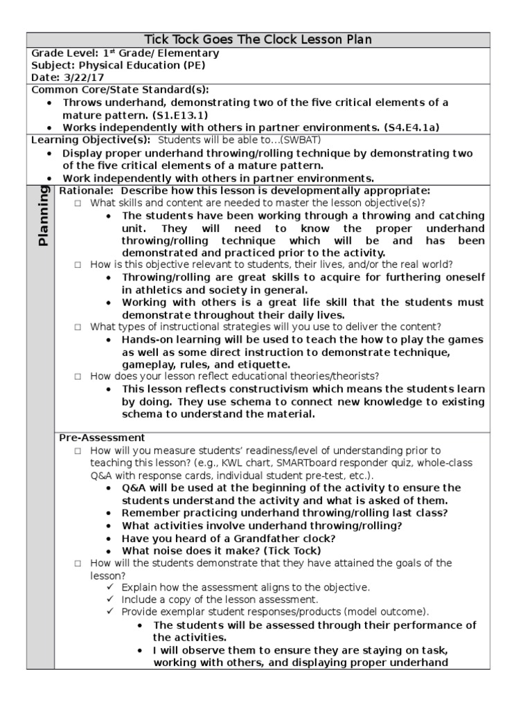 Tick Tock Goes The Clock Lesson Weebly | PDF | Educational Assessment ...