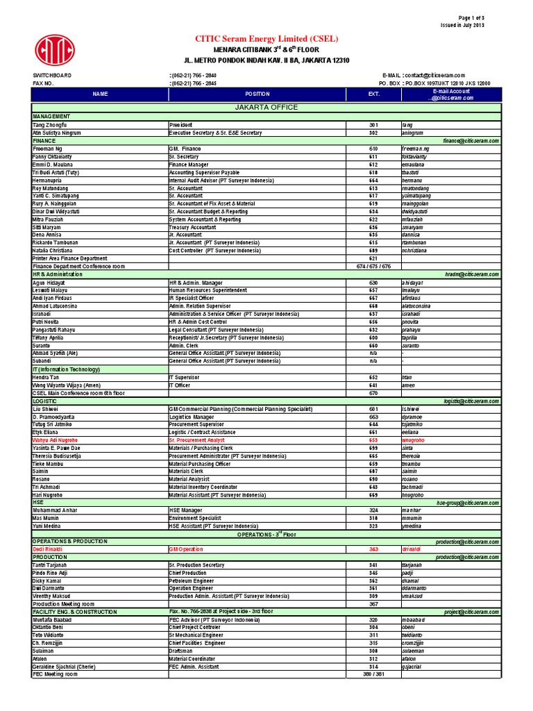 CITIC Seram Energy Limited Contacts | PDF
