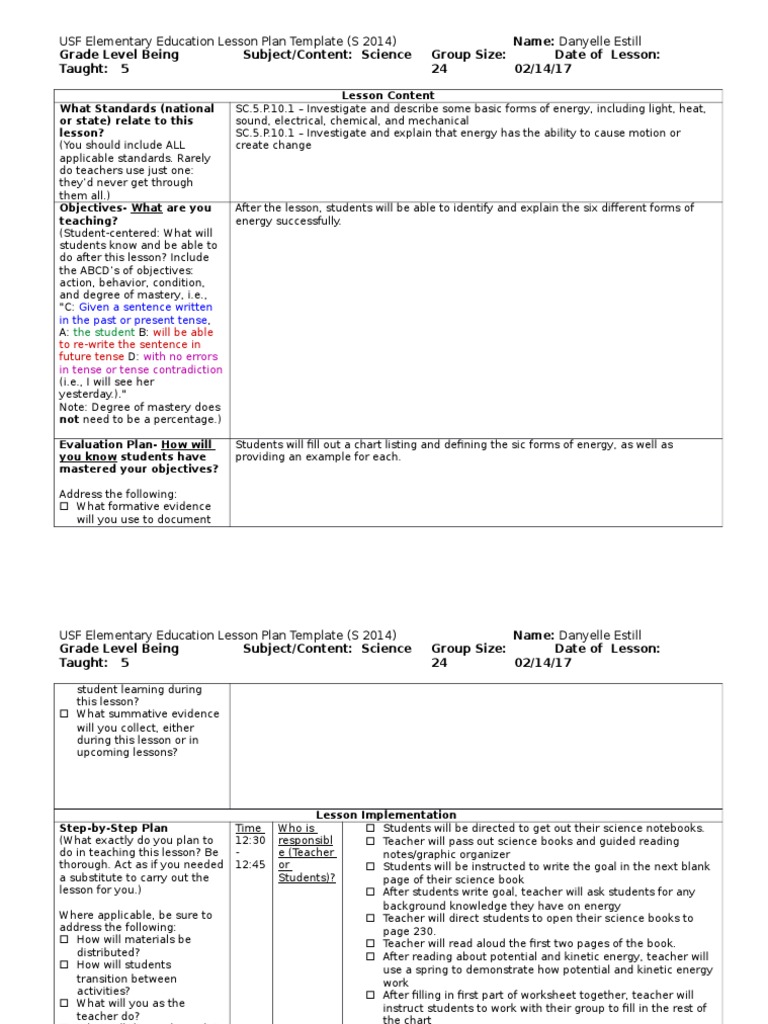 USF Elementary Education Lesson Plan Template (S 2014) | PDF | Lesson ...