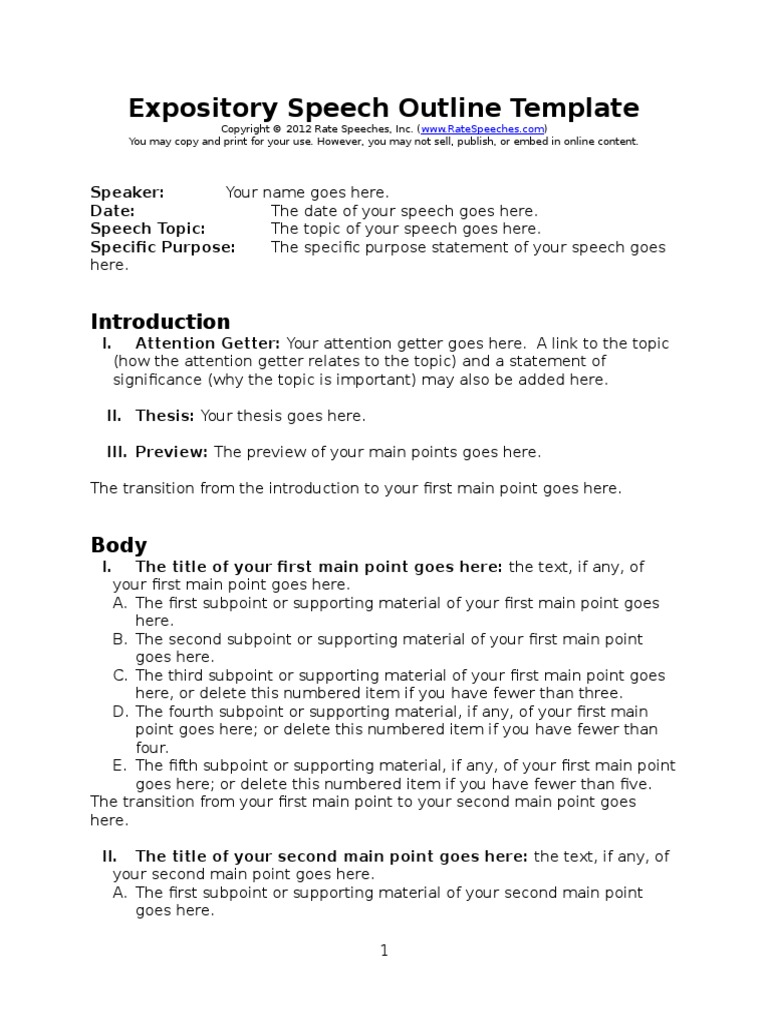 Expository Speech Outline Template Subpoint Level | Intellectual Works ...