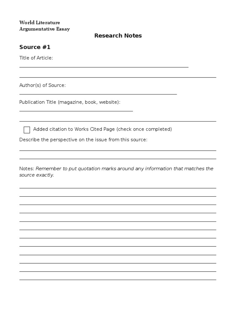 Research Notes Source #1: World Literature Argumentative Essay | PDF ...