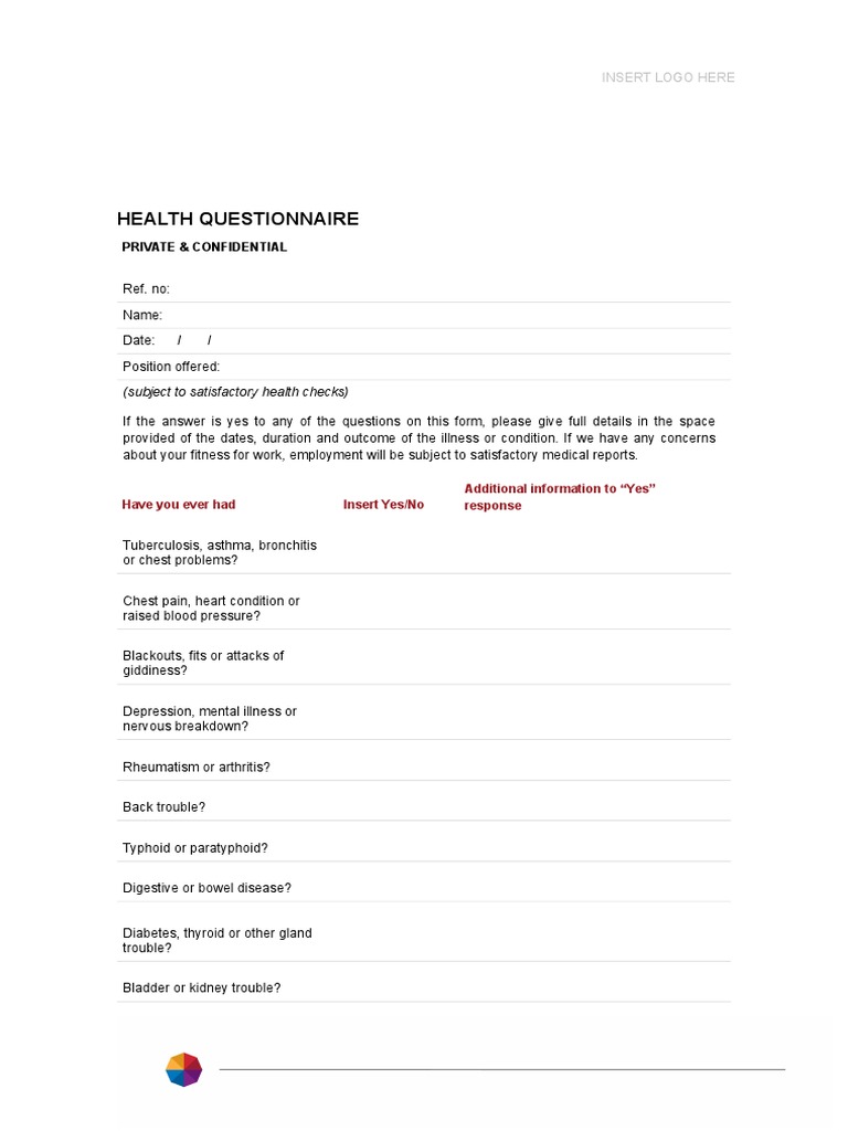 Health Questionnaire: Private & Confidential | PDF | Wellness | Lifestyle