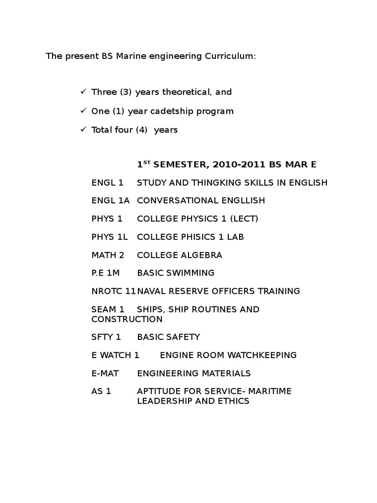 The Present BS Marine Engineering Curriculum | PDF | Engineering ...