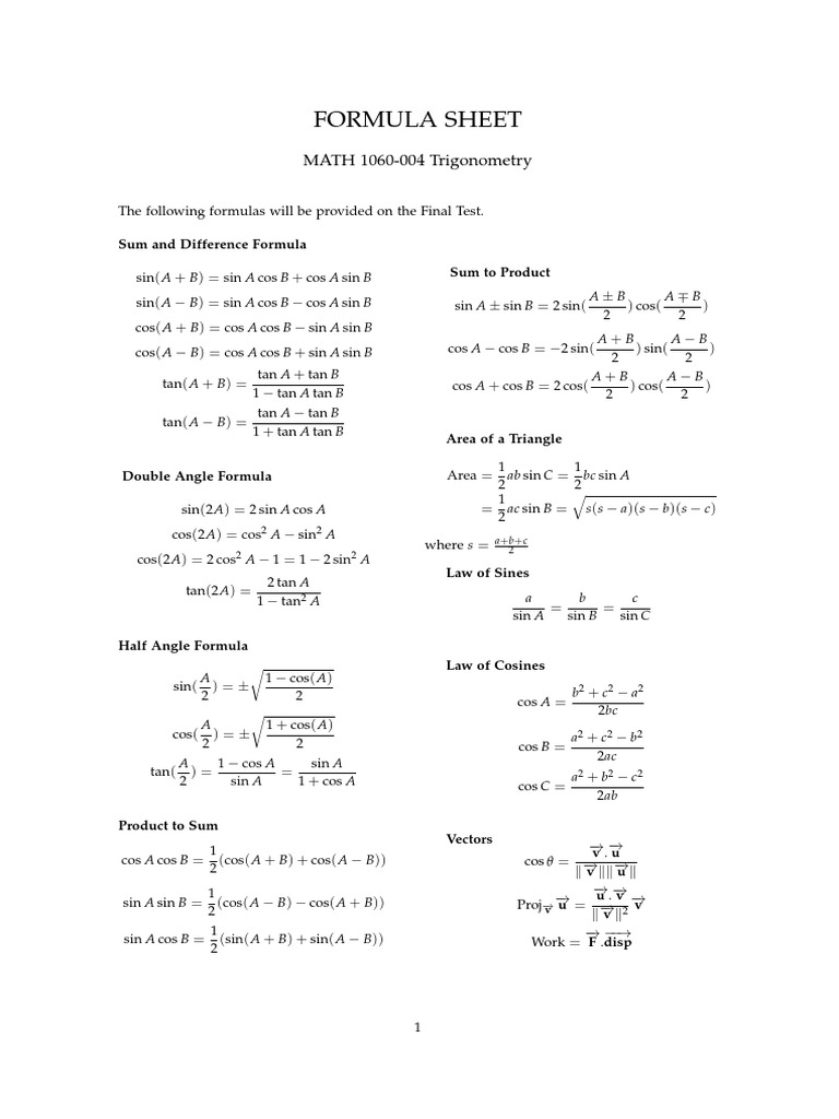 Formula Sheet: MATH 1060-004 Trigonometry | PDF | Sine | Trigonometric ...