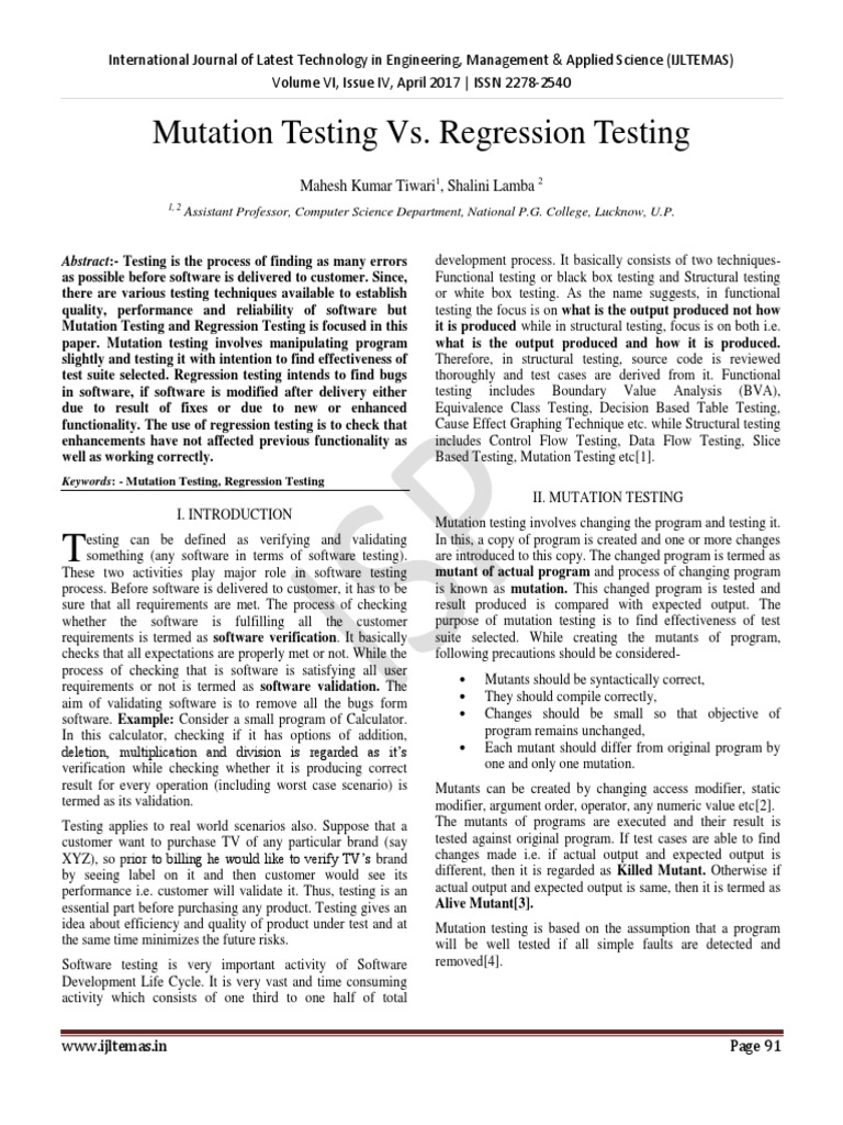 Mutation Testing Vs Regression Testing Pdf Software Testing Software